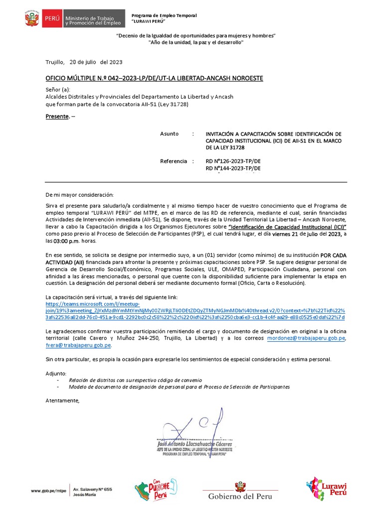 Oficio - Múltiple N.º 42-2023-LP - de | PDF