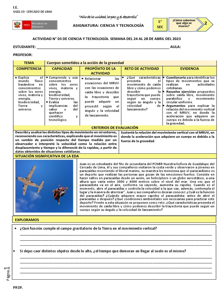 (PDF) 5ø SEC. EDA 2 SEMANA 3 Explica CYT 2023 Cuerpos Sometidos A La Acci N de La Gravedad | PDF
