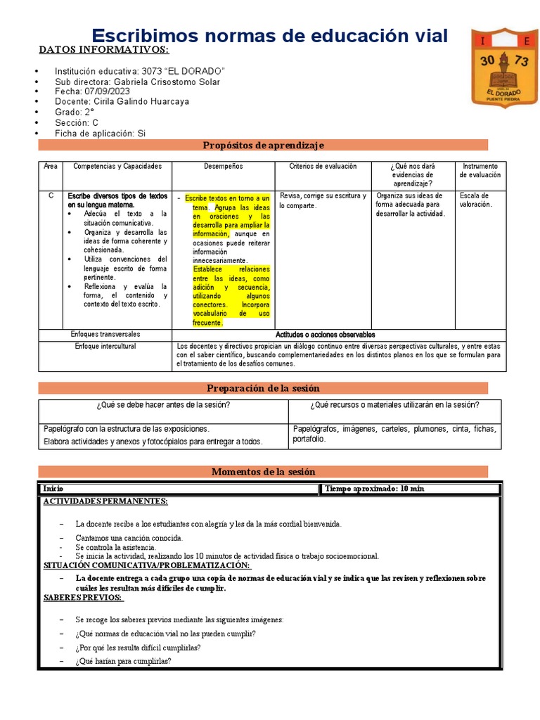 2do Grado Material Día 3 Com Escribimos Normas de Educación Vial Unidad ...