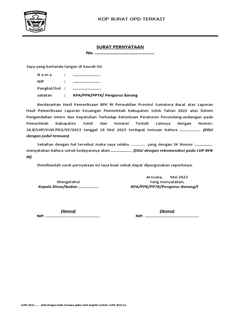Contoh Surat Pernyataan KPA, PPK, PPTK, Pengurus Barang, DLL | PDF
