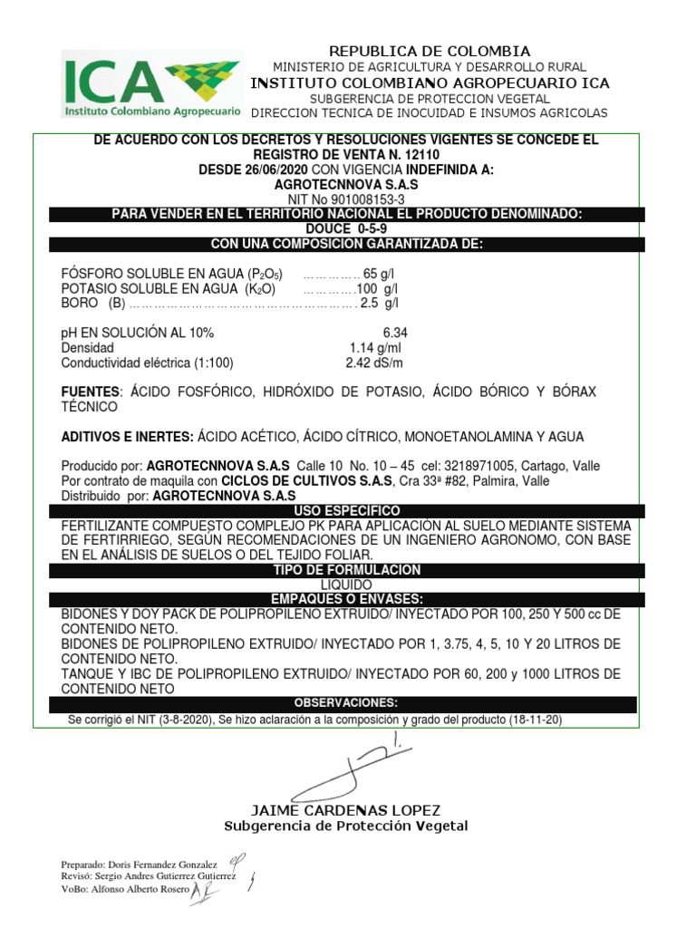 Registro ICA DOUCE | PDF | Química | Sustancias químicas