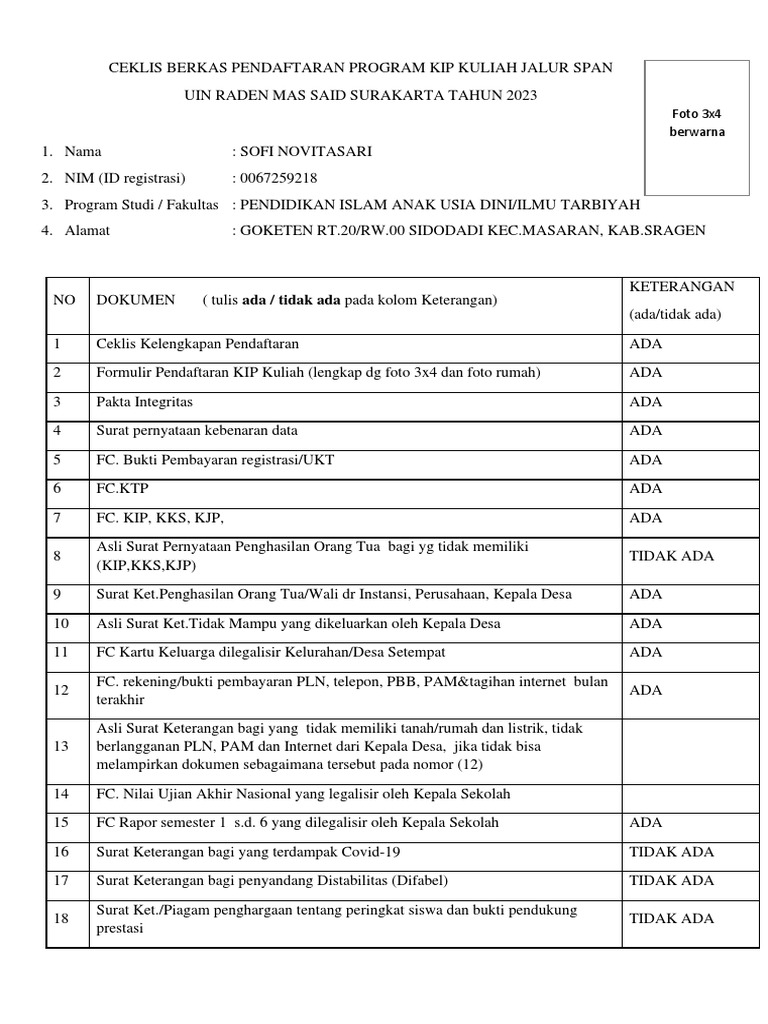 Ceklis Berkas Pendaftaran Program Kip Kuliah Jalur Span Sofi PDF1 | PDF