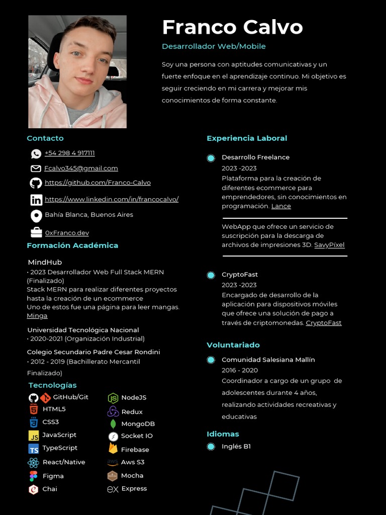 Perfil de Franco Calvo: Desarrollador MERN | PDF