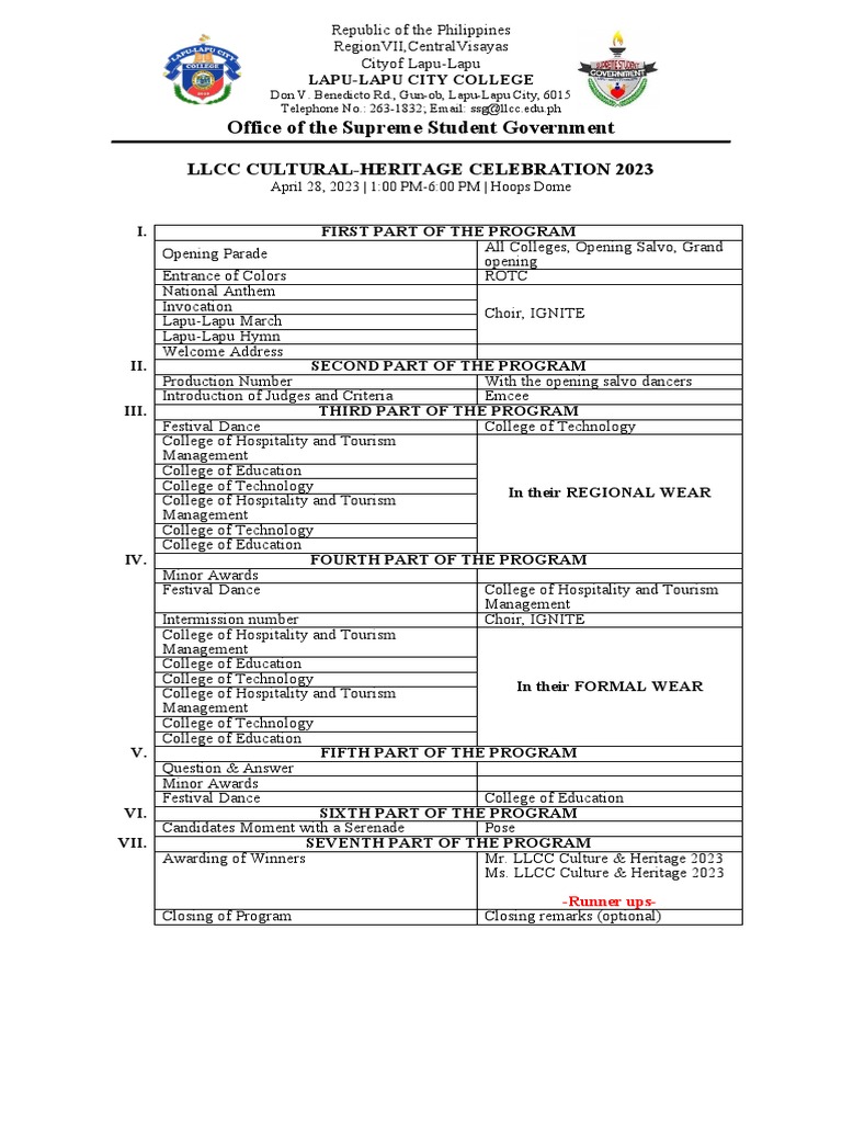 LLCC Culture and Heritage Celebration 2023 Program Flow MR and MS | PDF ...