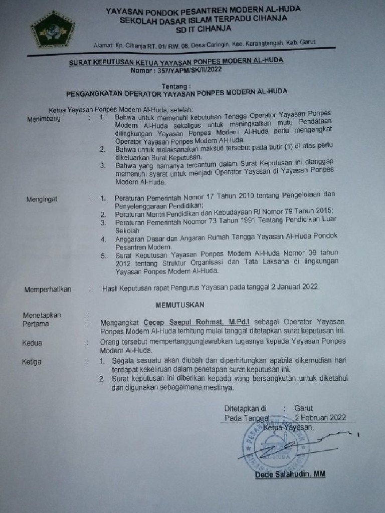 Surat Tugas Operator Yayasan | PDF