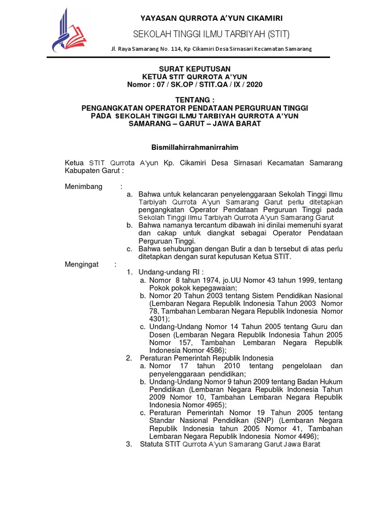 Pengangkatan Operator STIT | PDF