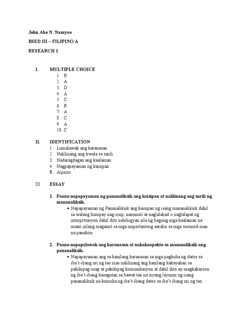 JOHN ABE N. NASAYAO BSED II - FILIPINO A Maikling Pagsusulit RESEARCH 1 ...
