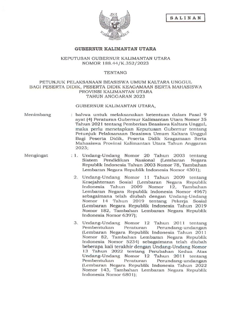 SK Petunjuk Pelaksanaan Beasiswa Umum Kaltara Unggul 2023 | PDF SK Petunjuk Pelaksanaan Beasiswa Umum Kaltara Unggul 2023 | PDF