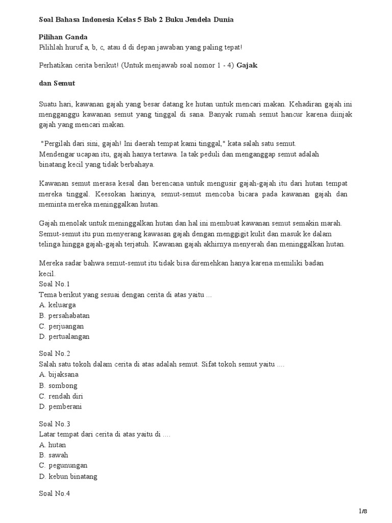 Soal Bahasa Indonesia Kelas 5 Bab 2 Buku Jendela Dunia | PDF