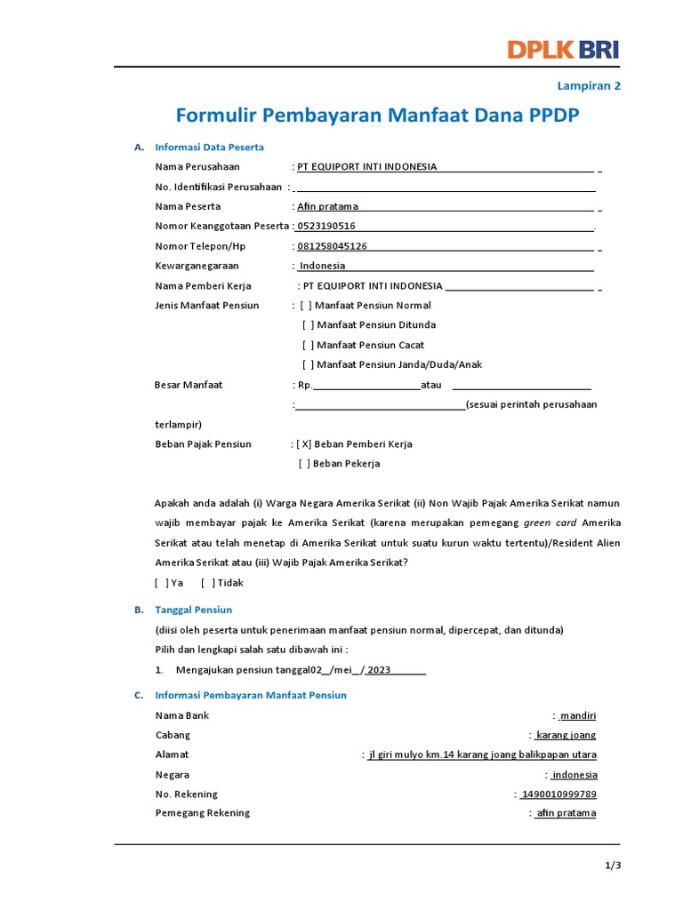 Form Pembayaran Manfaat PPDP | PDF