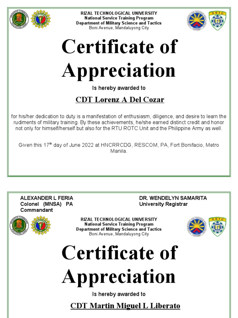 Certificate Of Appreciation PDF Manila Military Units And Formations