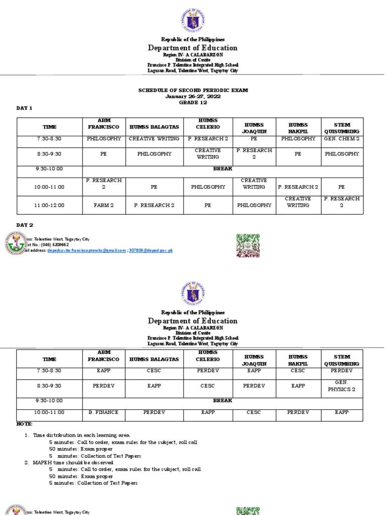 2nd Periodic Exam Schedule 2022 | PDF
