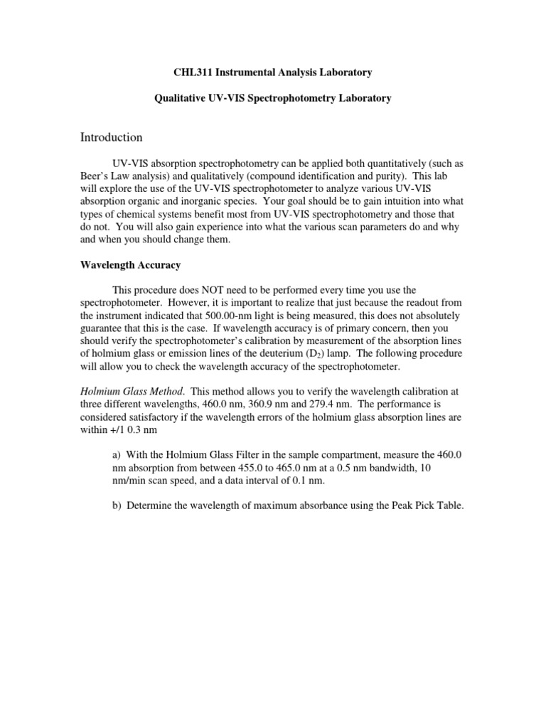 Uv Visible Experiment Pdf Spectrophotometry Ultraviolet Visible Spectroscopy