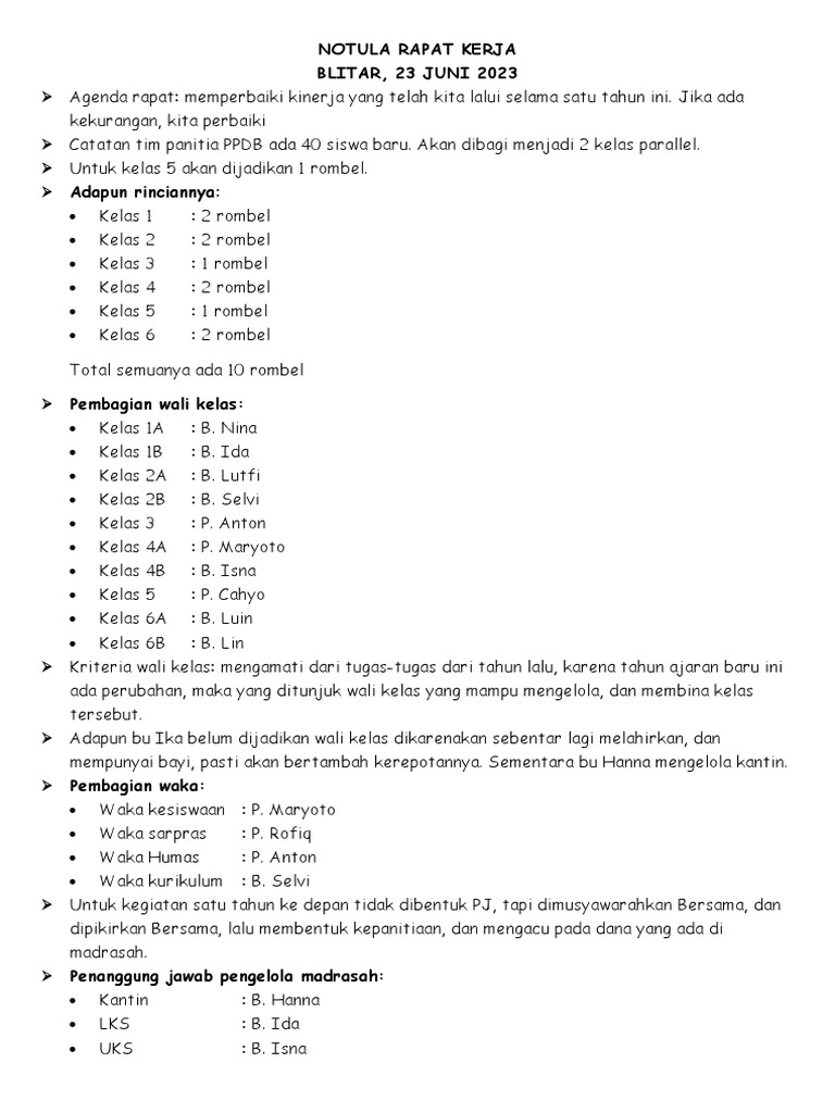 Notula Rapat Kerja Pembagian Tugas 2023 | PDF
