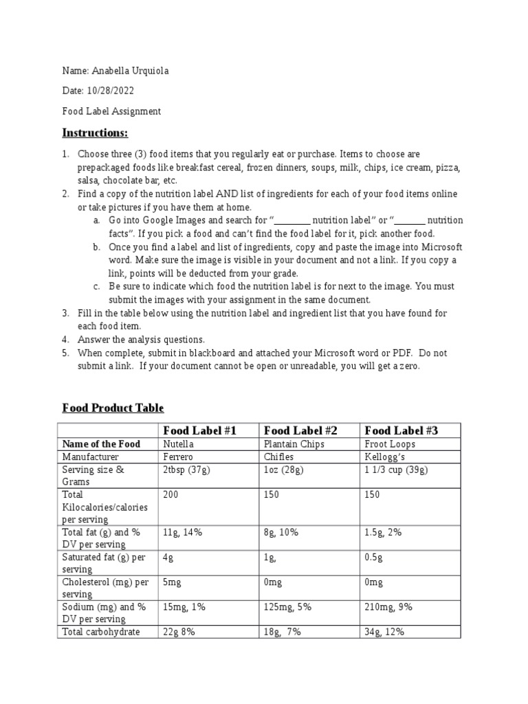 Food Label Assignment 1 | PDF