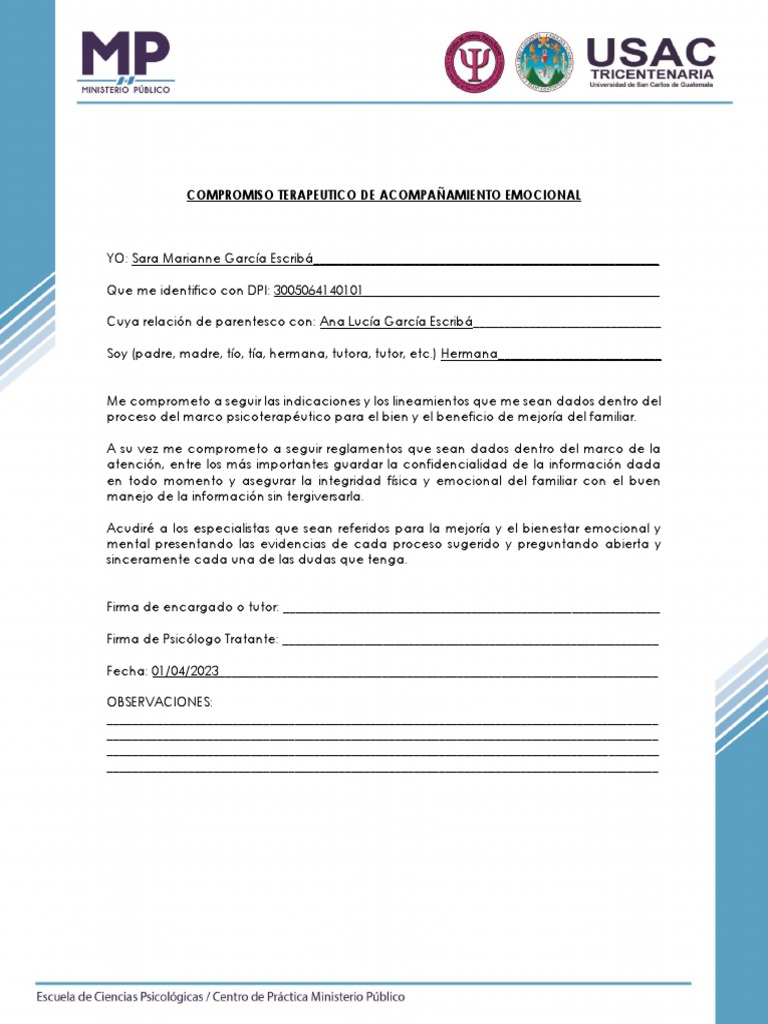 Compromiso Terapeutico de Acompañamiento Emocional | PDF