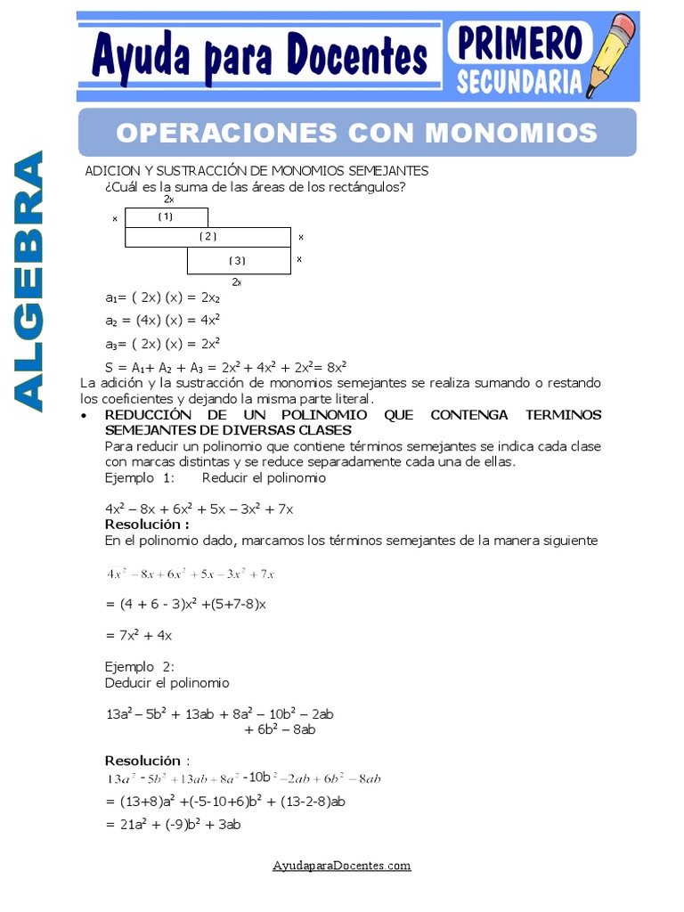 Operaciones Con Monomios para Primero de Secundaria | PDF | Matemática ...