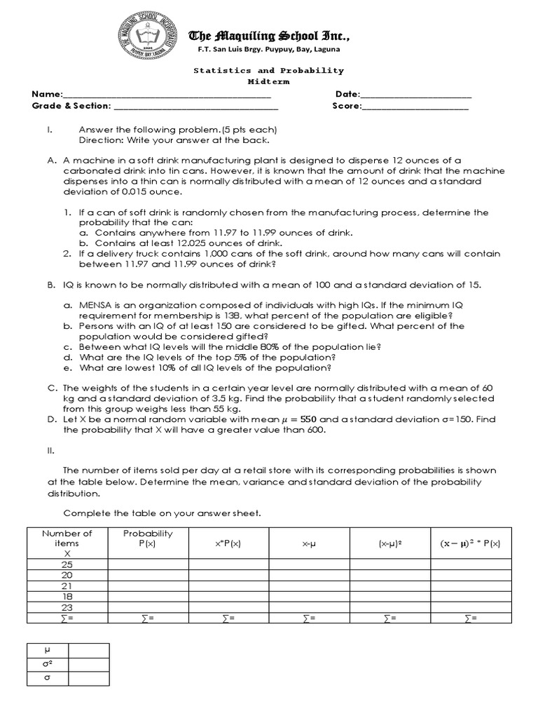 Stat 1 Midterm Exam | PDF | Standard Deviation | Normal Distribution