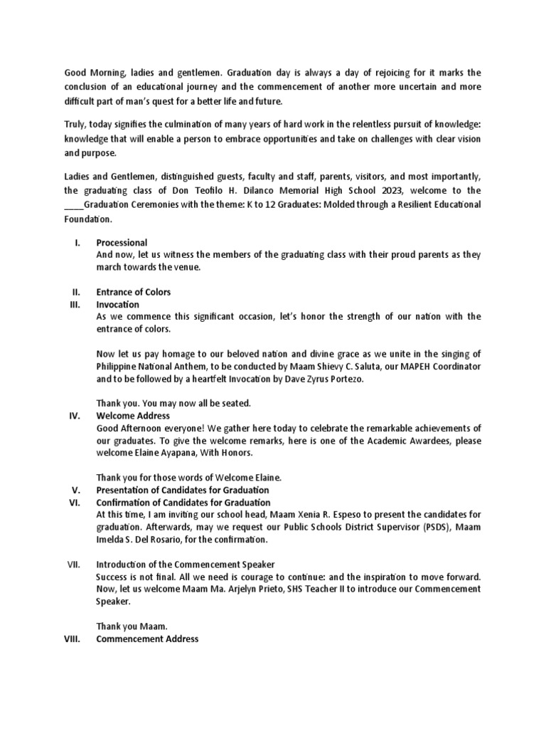 Graduation Emcee Script 2023 | PDF