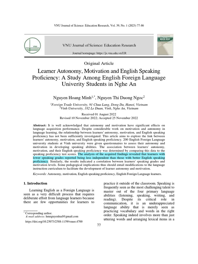 (Nguyen & Nguyen, 2022) Learner Autonomy, Motivation and English Speaking Proficiency (Tertiary ...