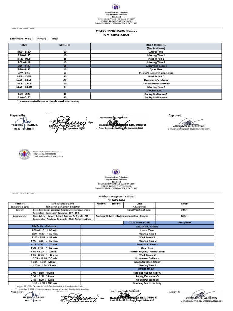 Kinder Class Program Sy 2023 2024 Maria Teresa | PDF