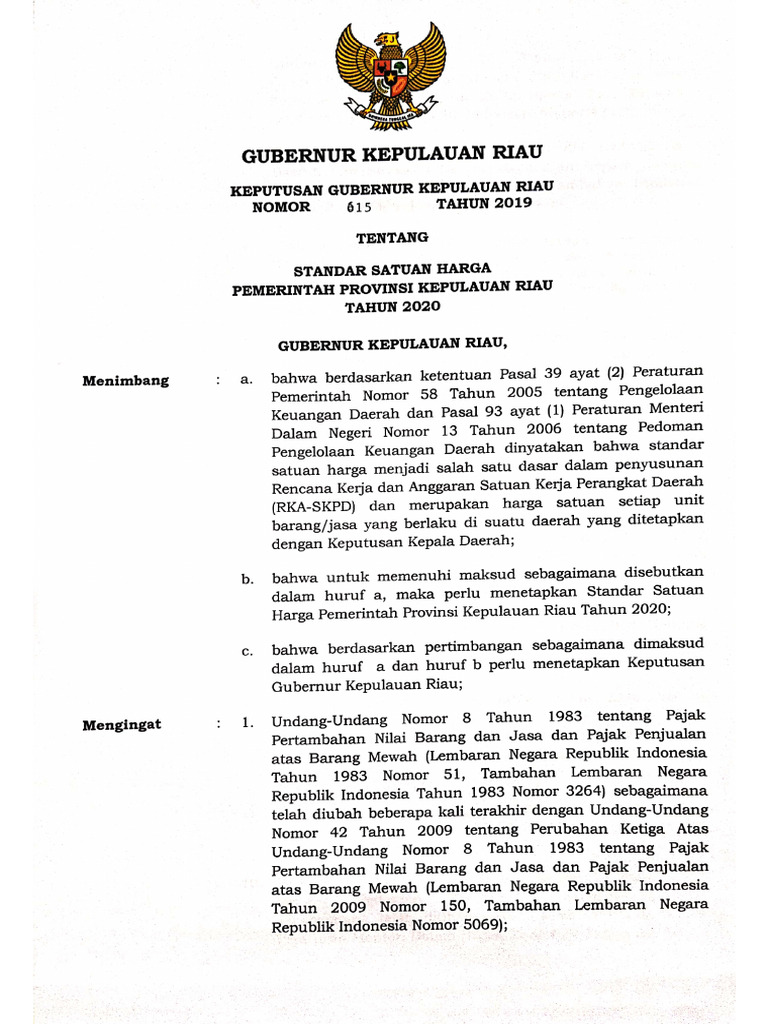 SK Gubernur Nomor 615 Tahun 2019 Tentang SSH 2020 | PDF
