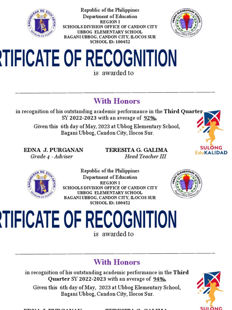 Ubbog Elementary Honors List | PDF