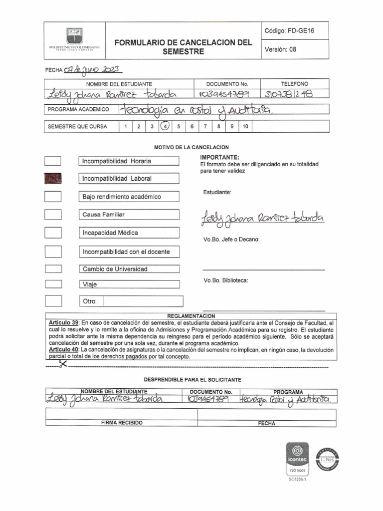 Cancelacion Semestre Leidy J Ramirez T | PDF