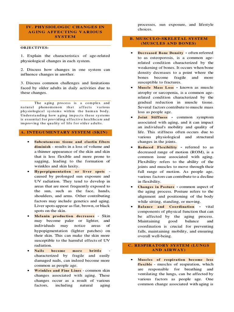 Iv. Physiologic Changes in Aging Affecting Various System | PDF