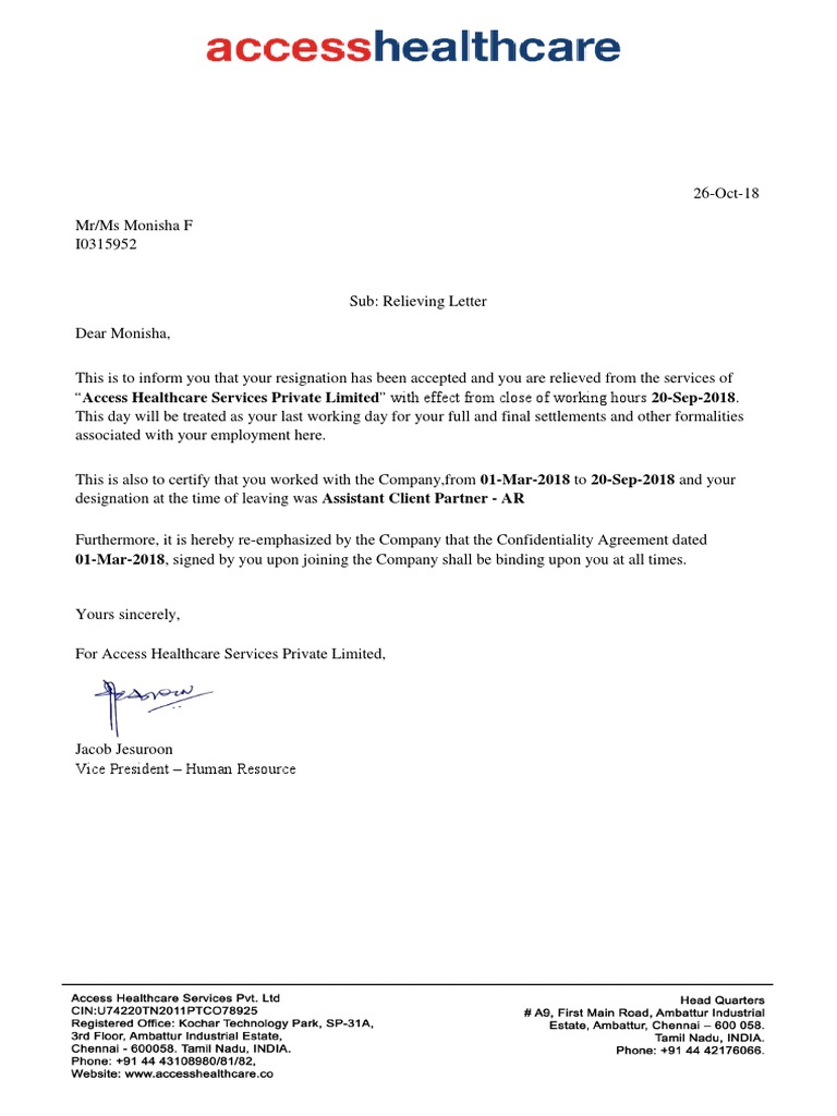 Access Healthcare Relieving Letter | PDF