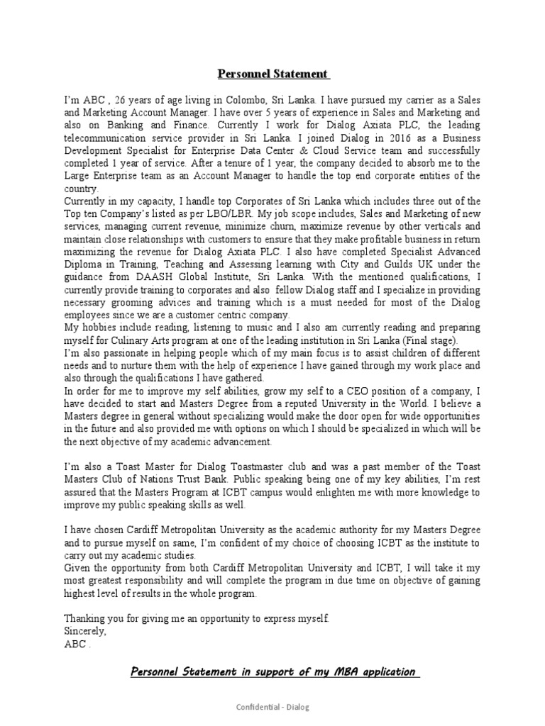 Personal Statement Sample Download Free Pdf Academic Degree Master Of Business