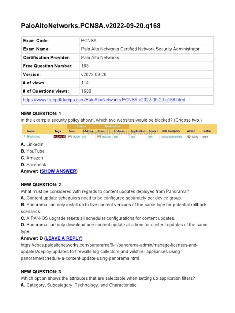 PaloAltoNetworks PCNSA v2022-09-20 q168 | PDF | World Wide Web | Internet & Web