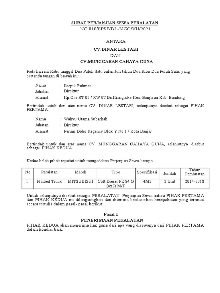 Contoh Format Perjanjian Sewa Peralatan | PDF