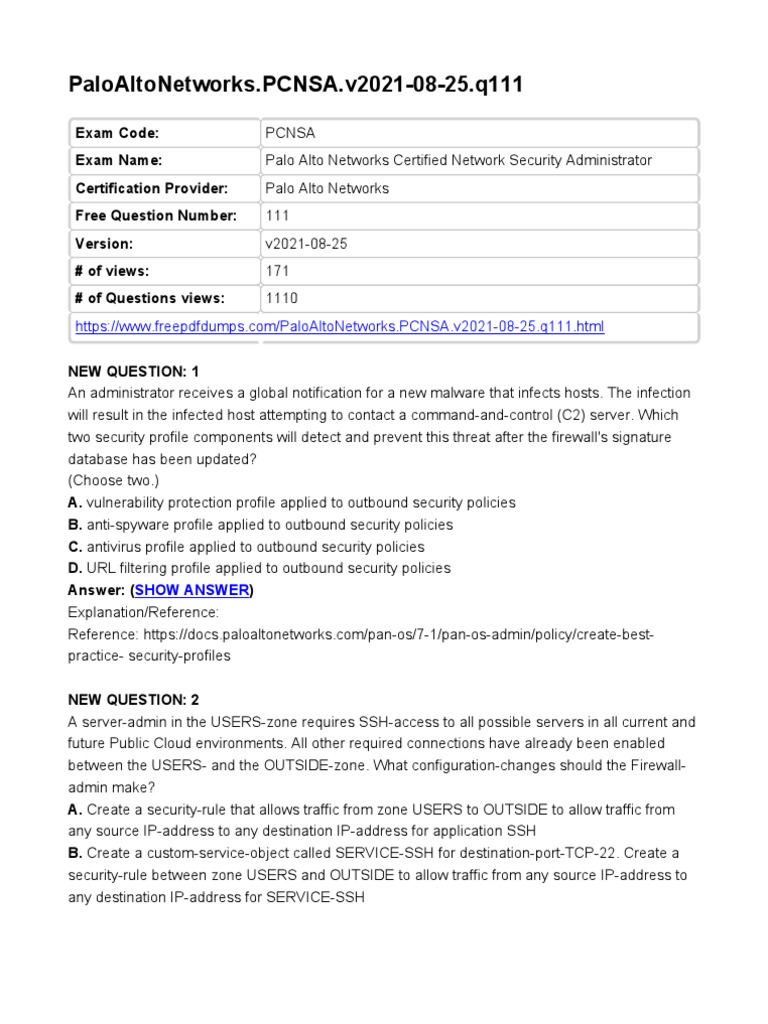 PaloAltoNetworks PCNSA v2021-08-25 q111 | PDF | Security | Computer Security