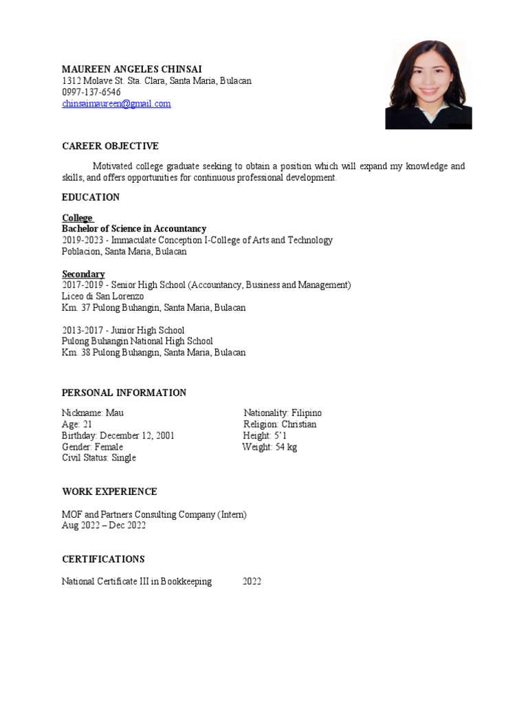 Resume of Maureen A. Chinsai | PDF