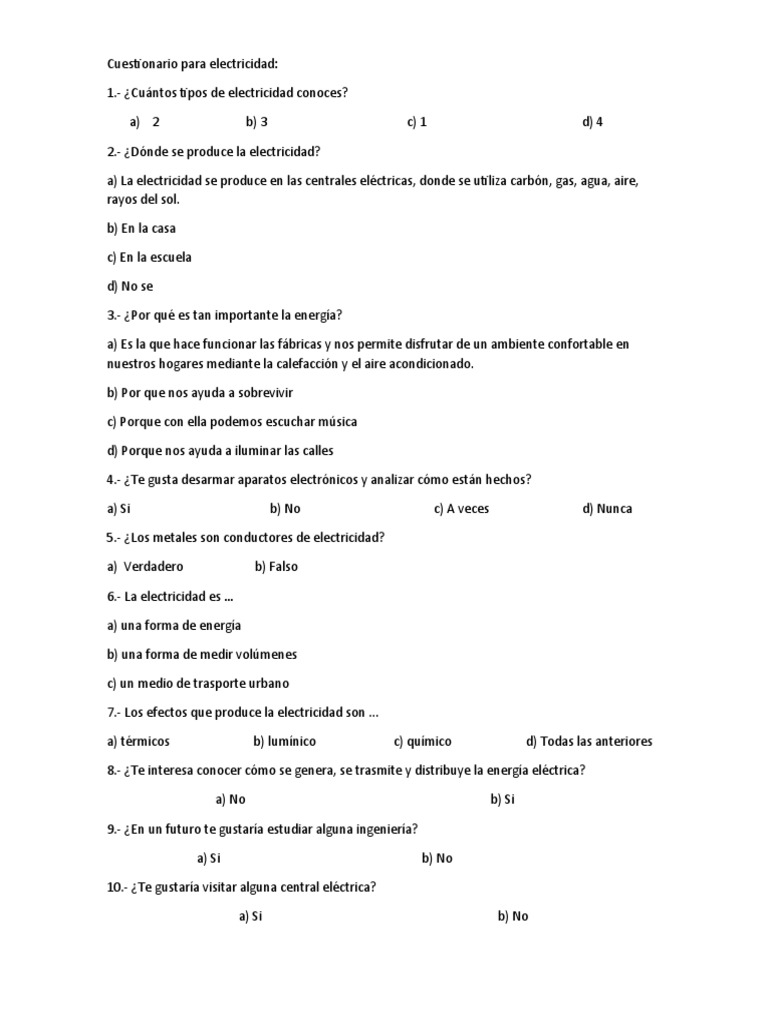 Cuestionario para El Formulario de Electricidad | PDF