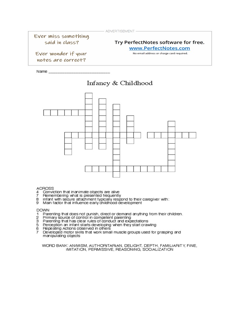 Infancy and Childhood Crossword Puzzle | PDF | Self-Improvement