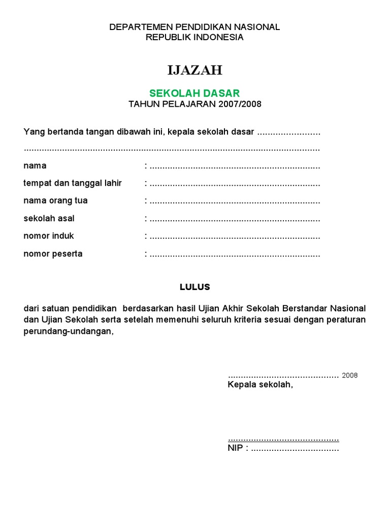 FORMAT IJAZAH SD | PDF