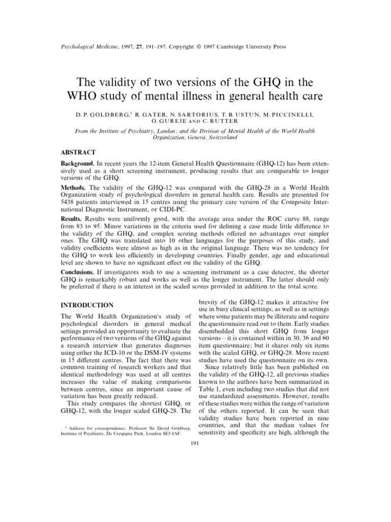 The Validity of Two Versions of The GHQ in The | PDF | Mental Disorder | Diagnostic And ...