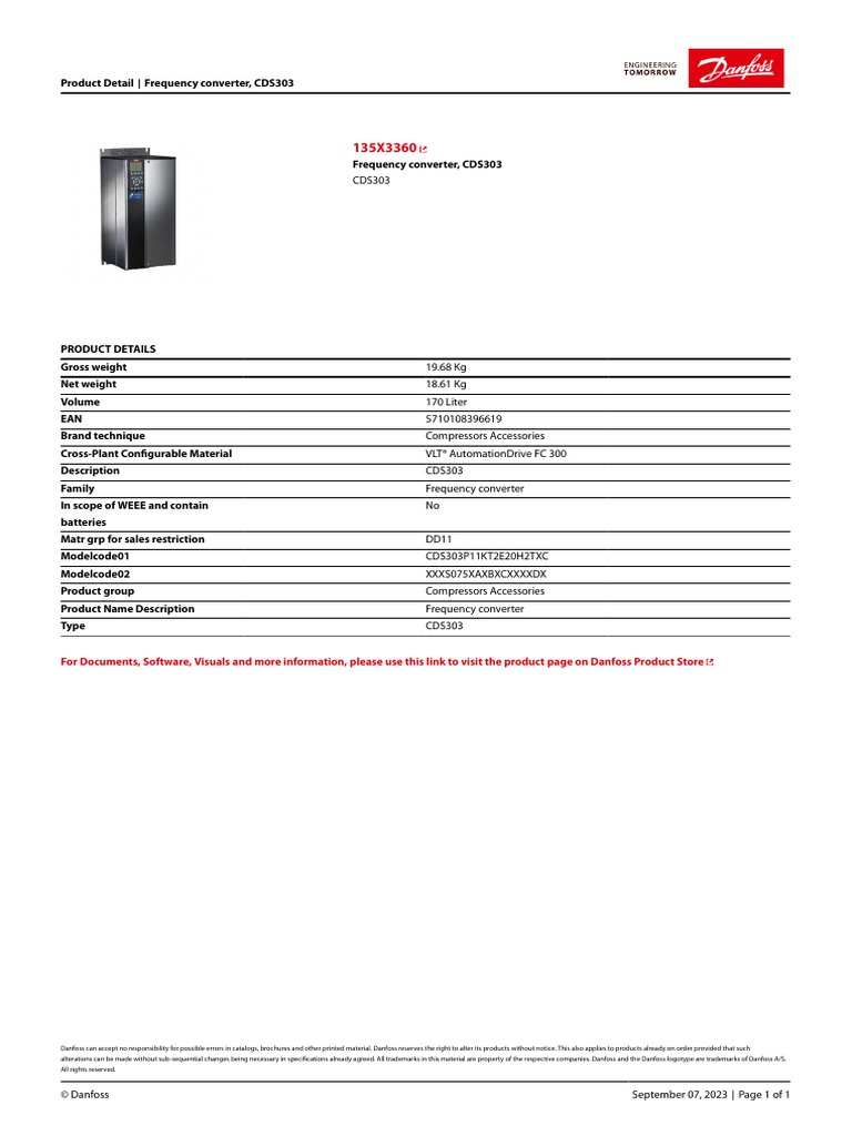 Danfoss Frequency Converter CDS303 135X3360 | PDF