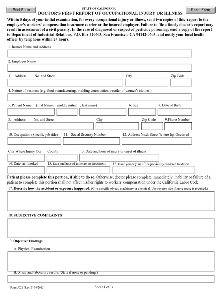 Doctor'S First Report of Occupational Injury or Illness: Print Form ...