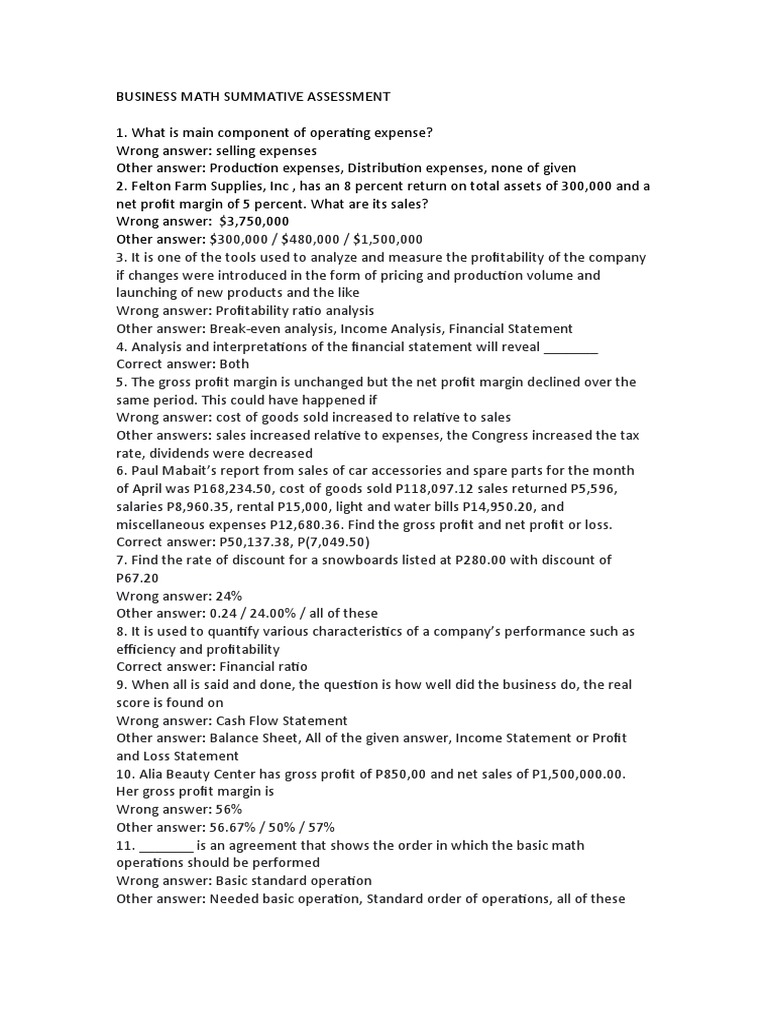 Business Math Summative Assessment | PDF | Margin (Finance) | Equity ...