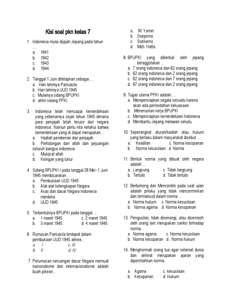 Kisi Soal PKN Kelas 7 | PDF