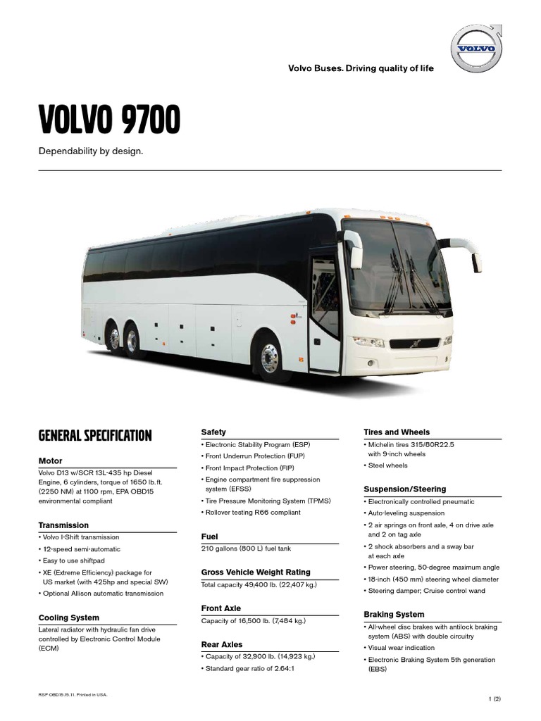 Volvo 9700 Spec 2016 | PDF | Steering | Brake