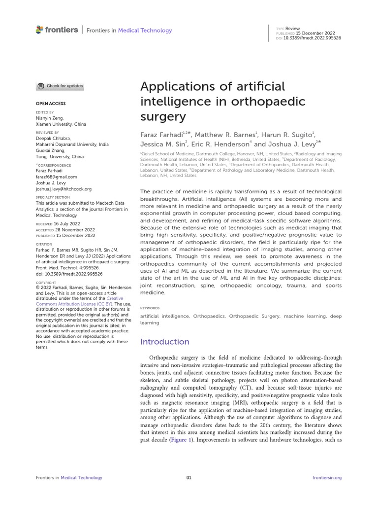 Applications of artificial intelligence in orthopaedic surgery | PDF