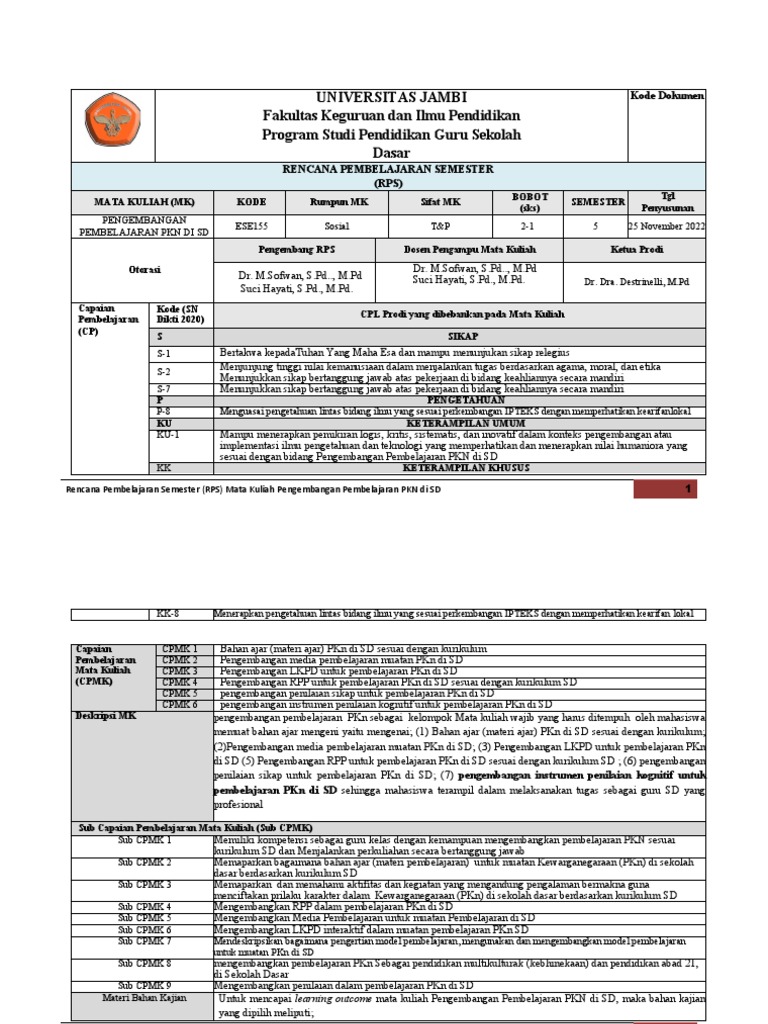 RPS Pengembangan Pembelajaran PKN Di SD - Semester 5 | PDF