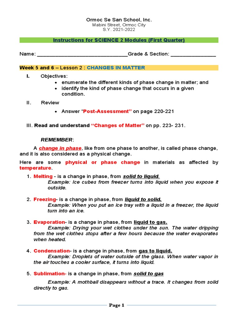 Instructions For Science 2 Week5 and 6 | PDF | Phase (Matter) | Liquids