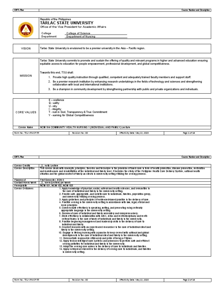 CHN Lecture 1 OBTL Sylabus | PDF