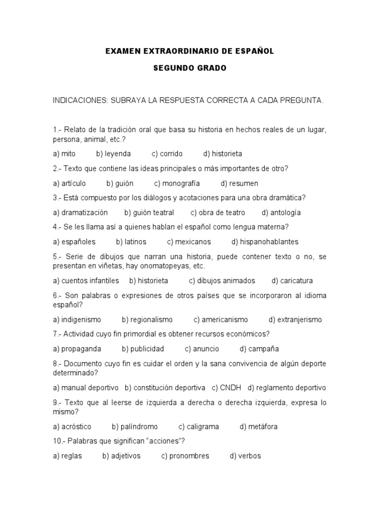 Examen Extraordinario de Español 2° | PDF | Ficción general