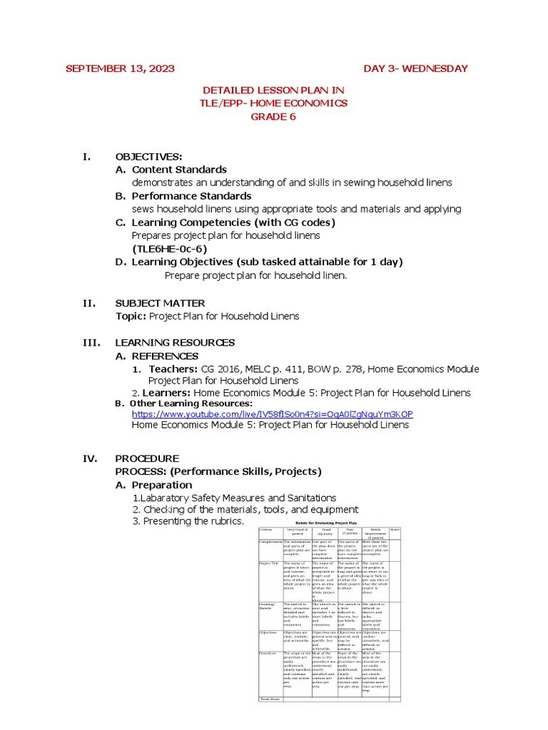 SEPTEMBER 13, 2023 Day 3-Wednesday Detailed Lesson Plan in Tle/Epp - Home Economics Grade 6 ...